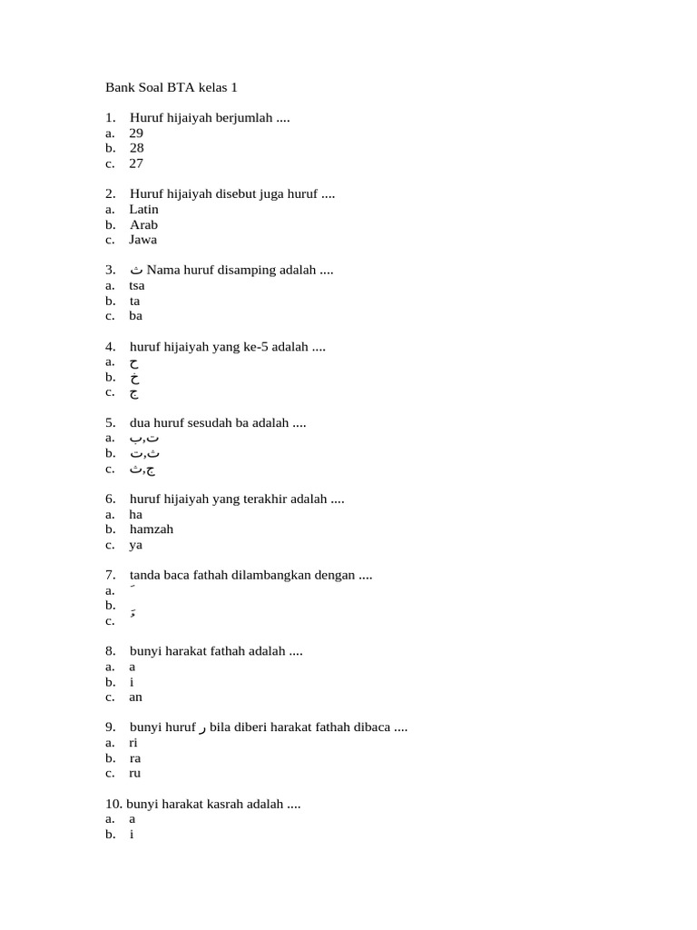 Bank Soal BTA Kelas 1 | PDF