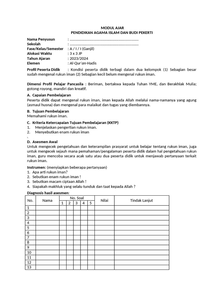 Modul Ajar 3 (Memahami Rukun Iman) Semester I | PDF