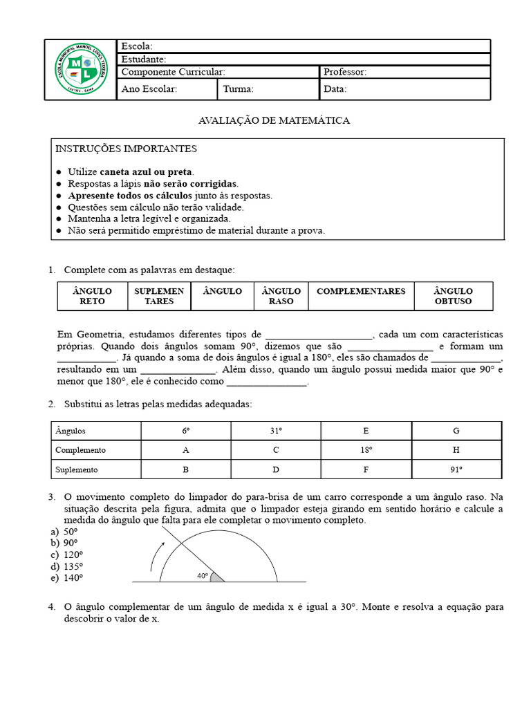 Avaliacao de Matematica 7c - III Unidade | PDF | Ângulo | Câmera