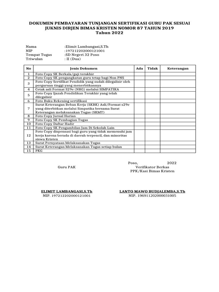 Dokumen Pembayaran Tunjangan Sertifikasi Guru Pak Sesuai Juknis Dirjen Bimas Kristen Nomor 87 ...