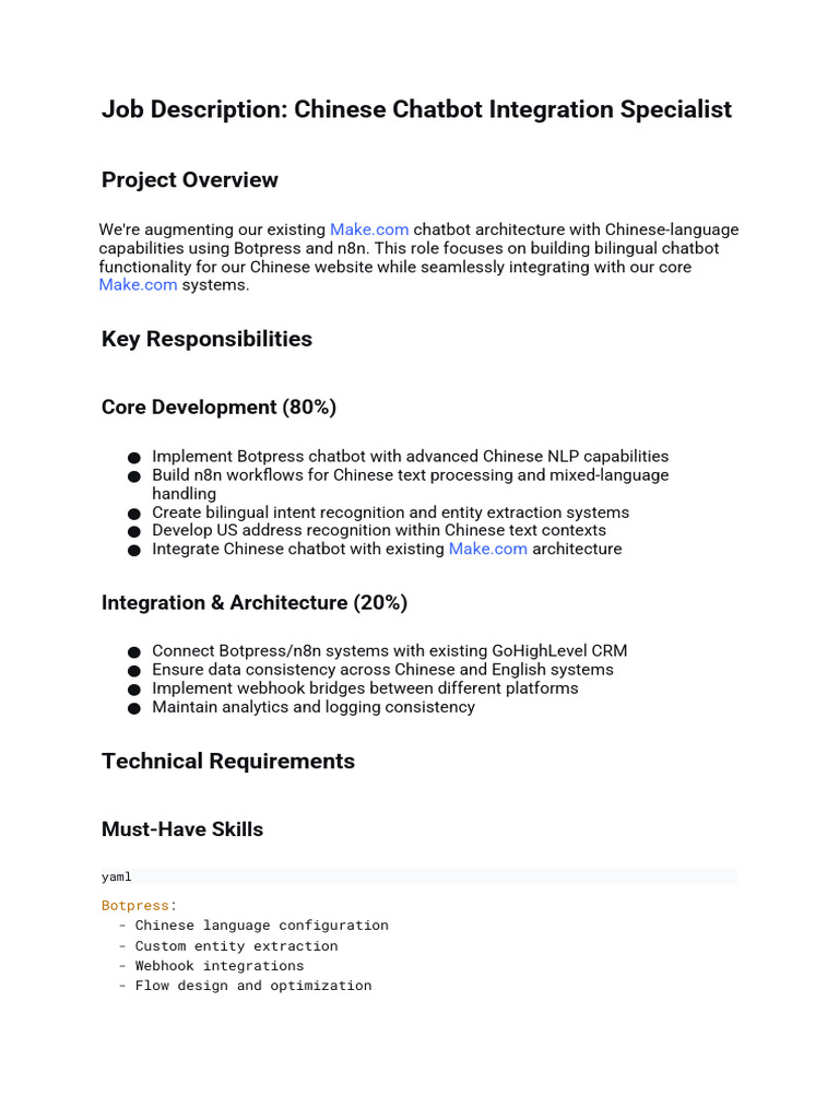 Job Description_ Chinese Chatbot Integration Specialist | PDF | System ...