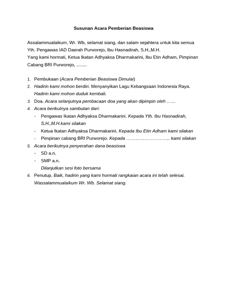Susunan Acara Pemberian Beasiswa MC | PDF