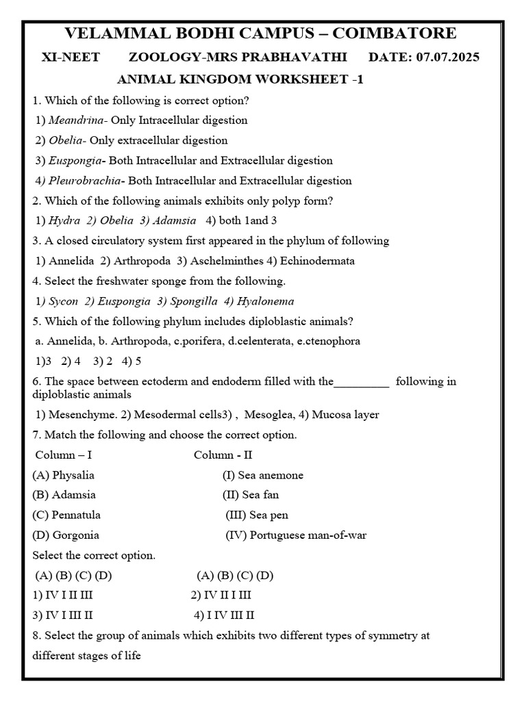 Animal KingdomW5 WORKSHEET-7!7!2025 | PDF | Zoology
