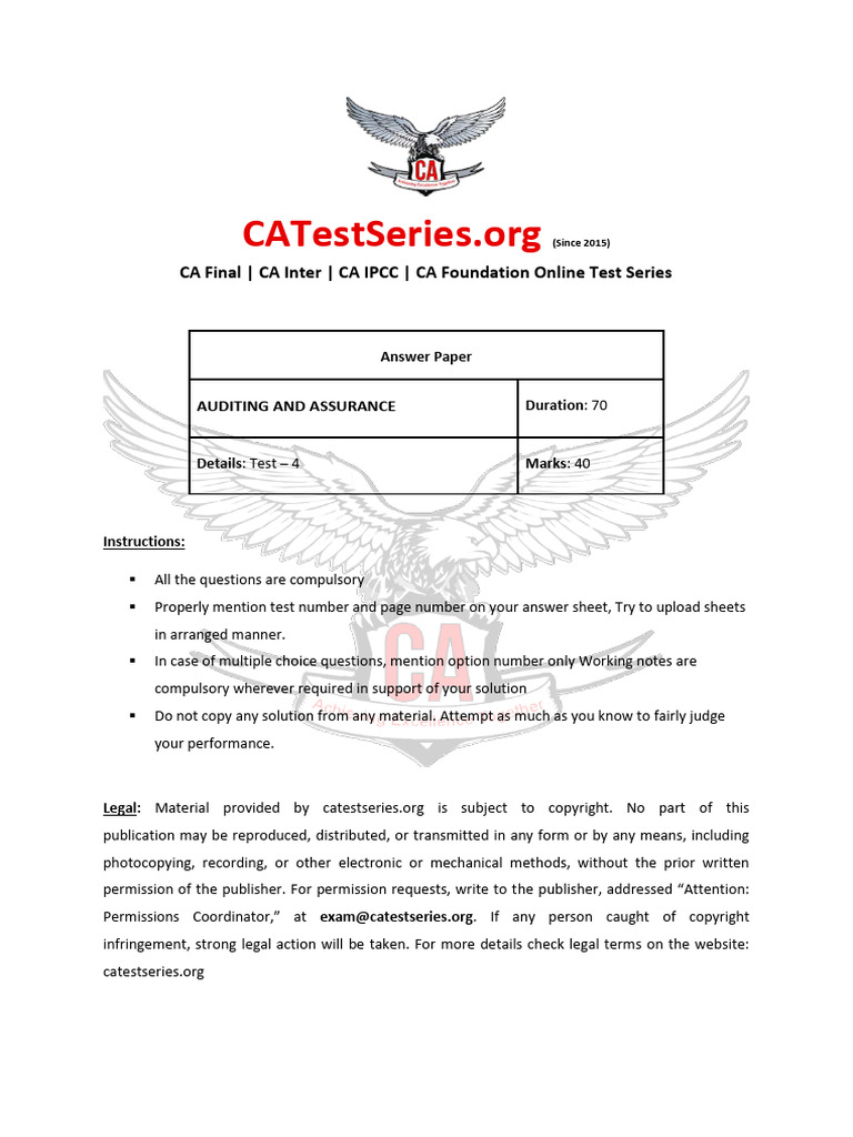 Auditing Assurance Test 4 May 2023 Unscheduled 4 2 Plan Solution ...