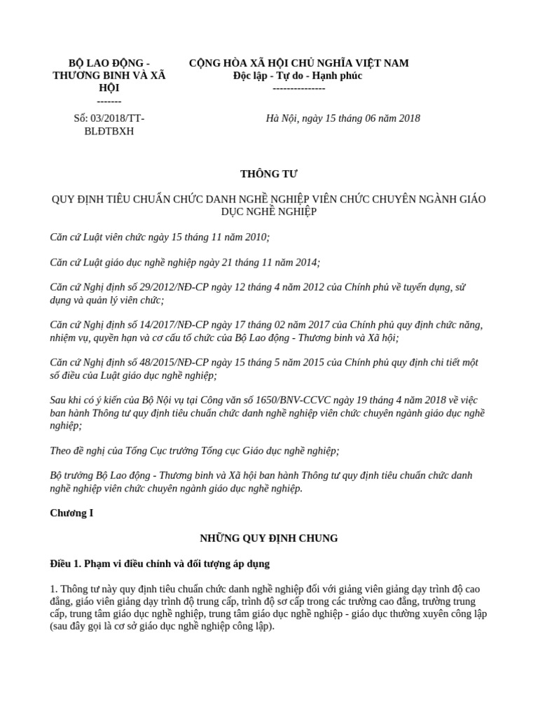 20180615 - 03_2018_TT-BLDTBXH - Tieu Chuan Giang Vien Cac Truong Thuoc Bo | PDF