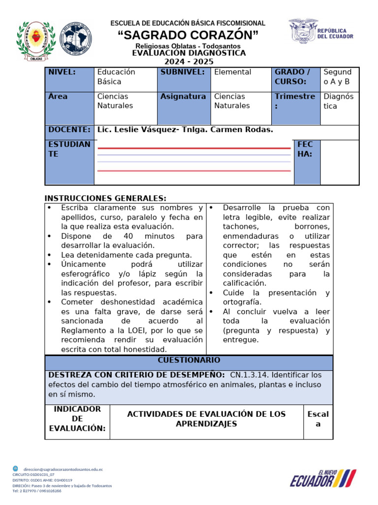 Corregida Evaluación Diagnóstica Ccnn Segundo 2024 2025 | PDF