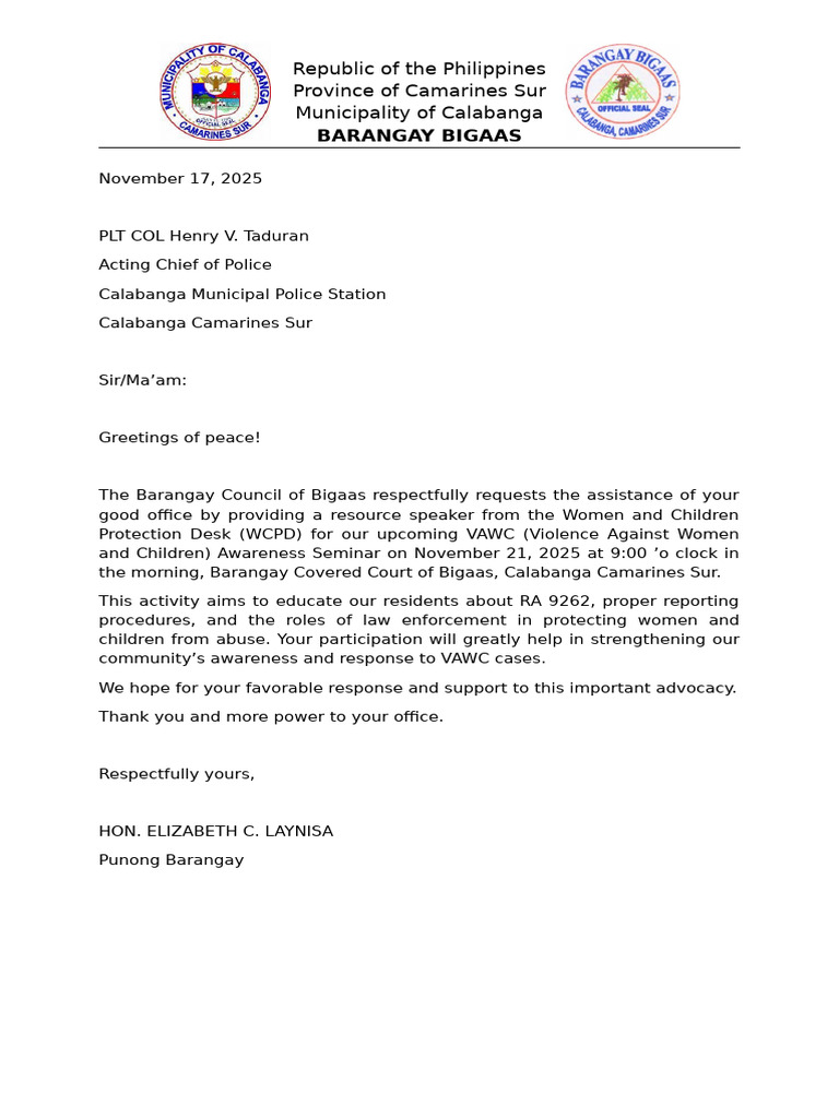 Letter Vawc Resource Speaker | PDF