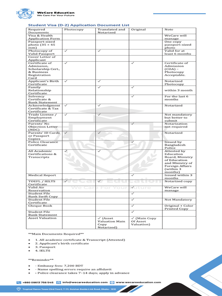 Student Visa D2 Document List-1 | PDF