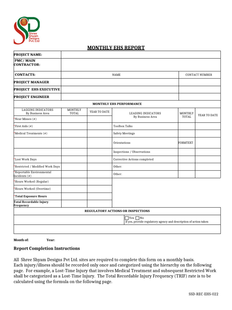 Ssd-rec-ehs-022 Monthly Ehs Performance Report | PDF | Employment | Wound