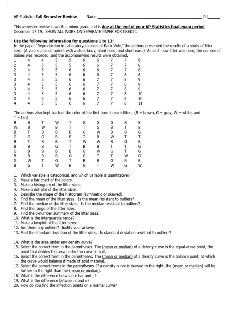 AP Statistics Fall Review Guide | PDF | Errors And Residuals | Scatter Plot