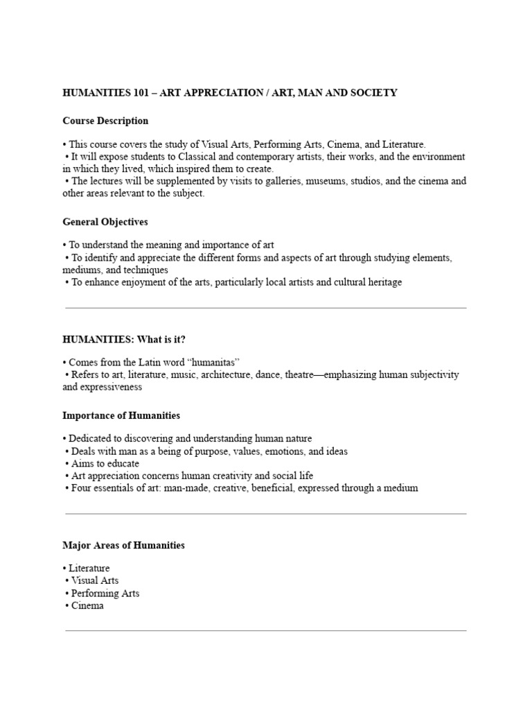 Humanities 101 Art Appreciation Art Man and Society | PDF | Humanities ...