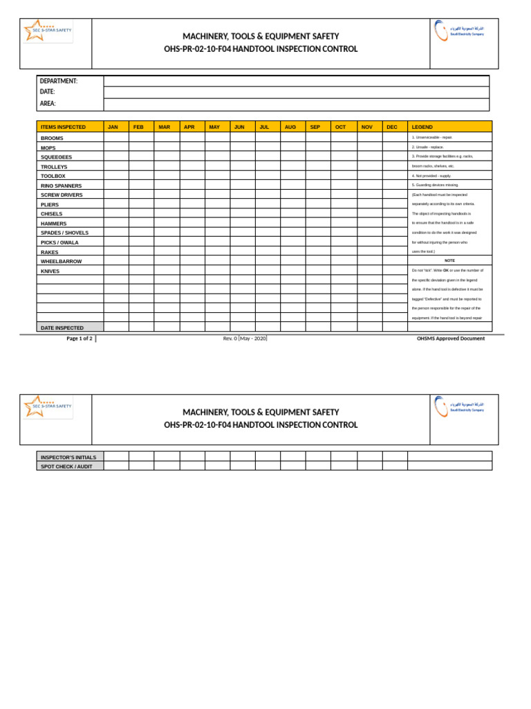 Handtool Safety Inspection Checklist | PDF | Tools