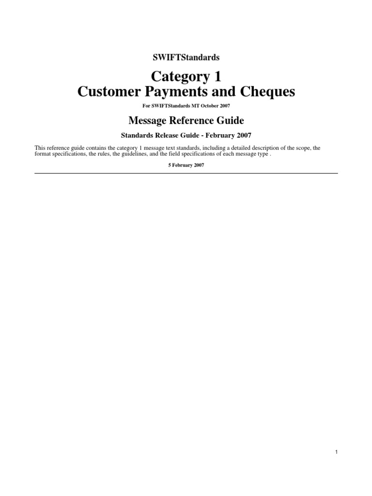 Swift Standards Category 1 Version | PDF | Cheque | Financial Transaction