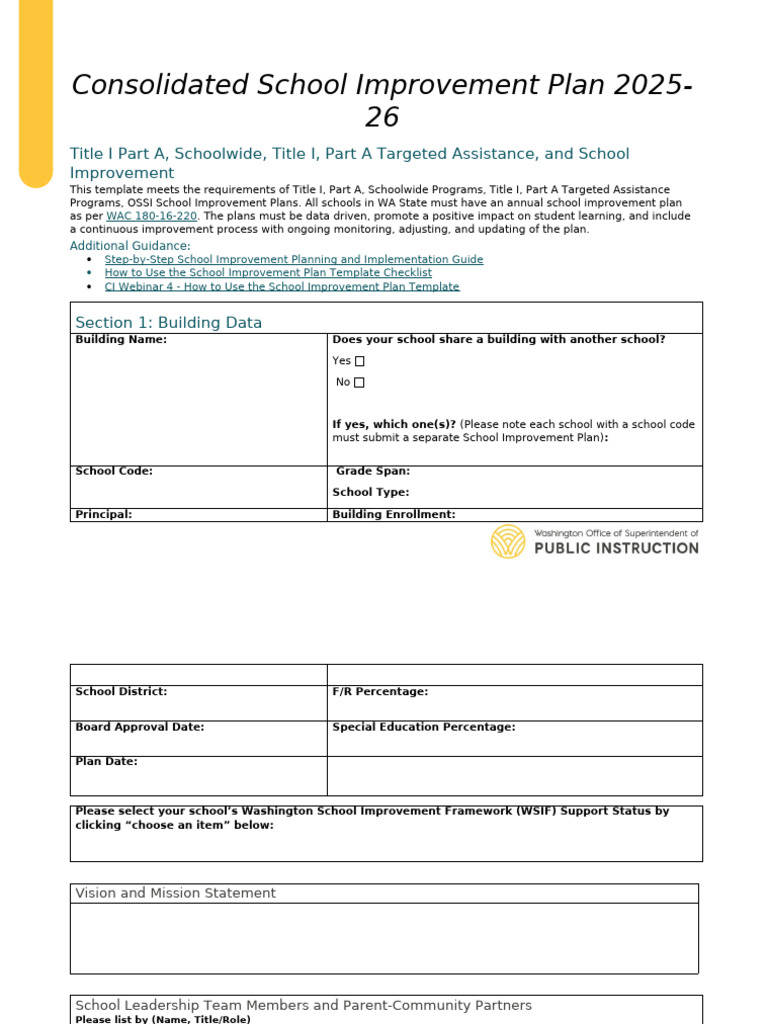2025 2026 Consolidated School Improvement Plan Template Pdf