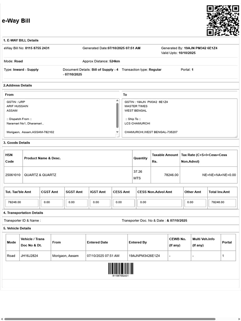 E-Way Bill System JH16J2824 | PDF | Economy Of India | Taxes