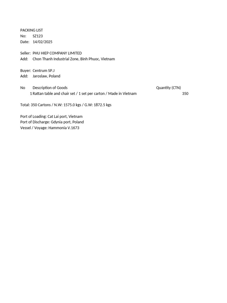 Packing List Phu Hiep PL Format | PDF