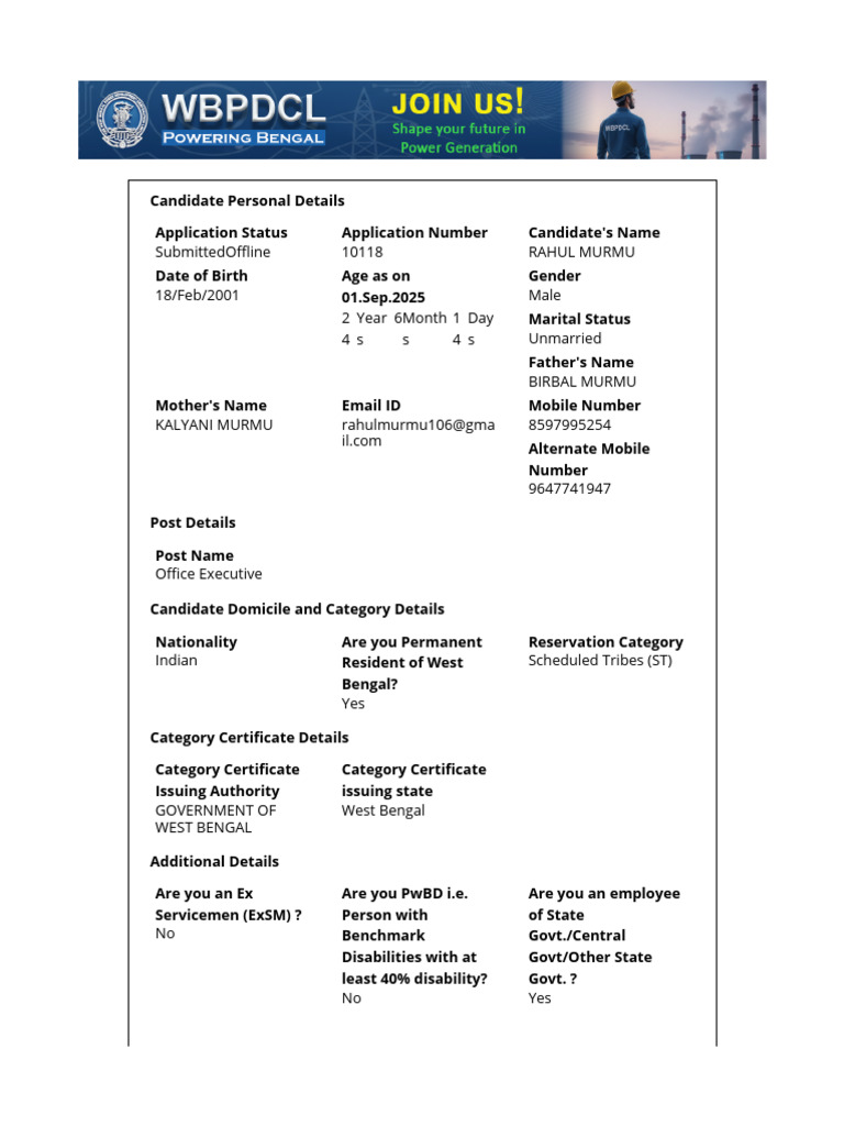 WBPDCL Application Form | PDF