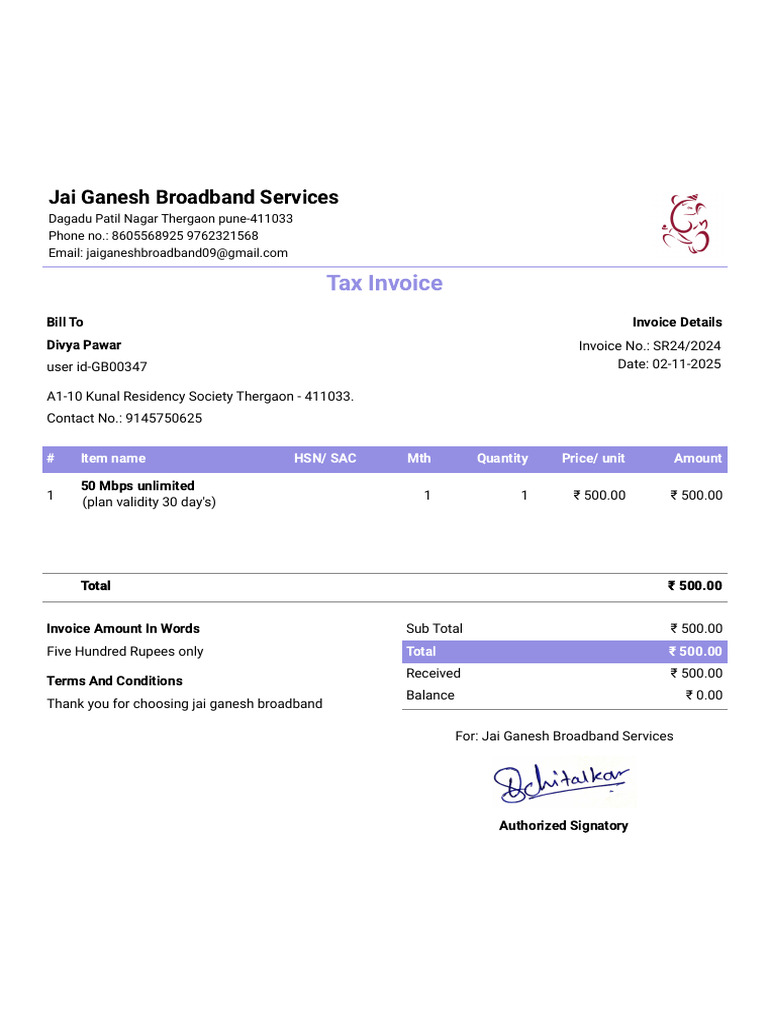 Jai Ganesh Broadband Invoice SR24/2024 | PDF