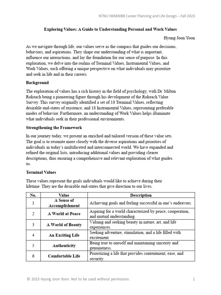 Exploring Values - Info Sheet | PDF | Well Being | Value (Ethics)