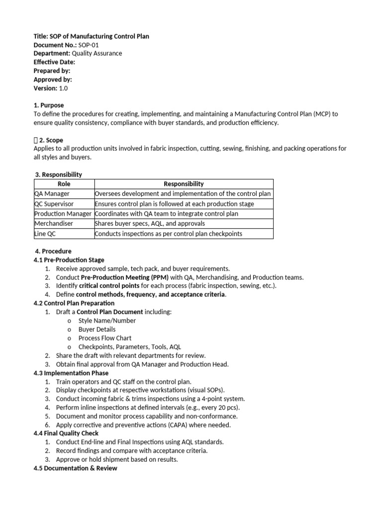 Manufacturing Control Plan SOP Guide | PDF | Quality Assurance | Business
