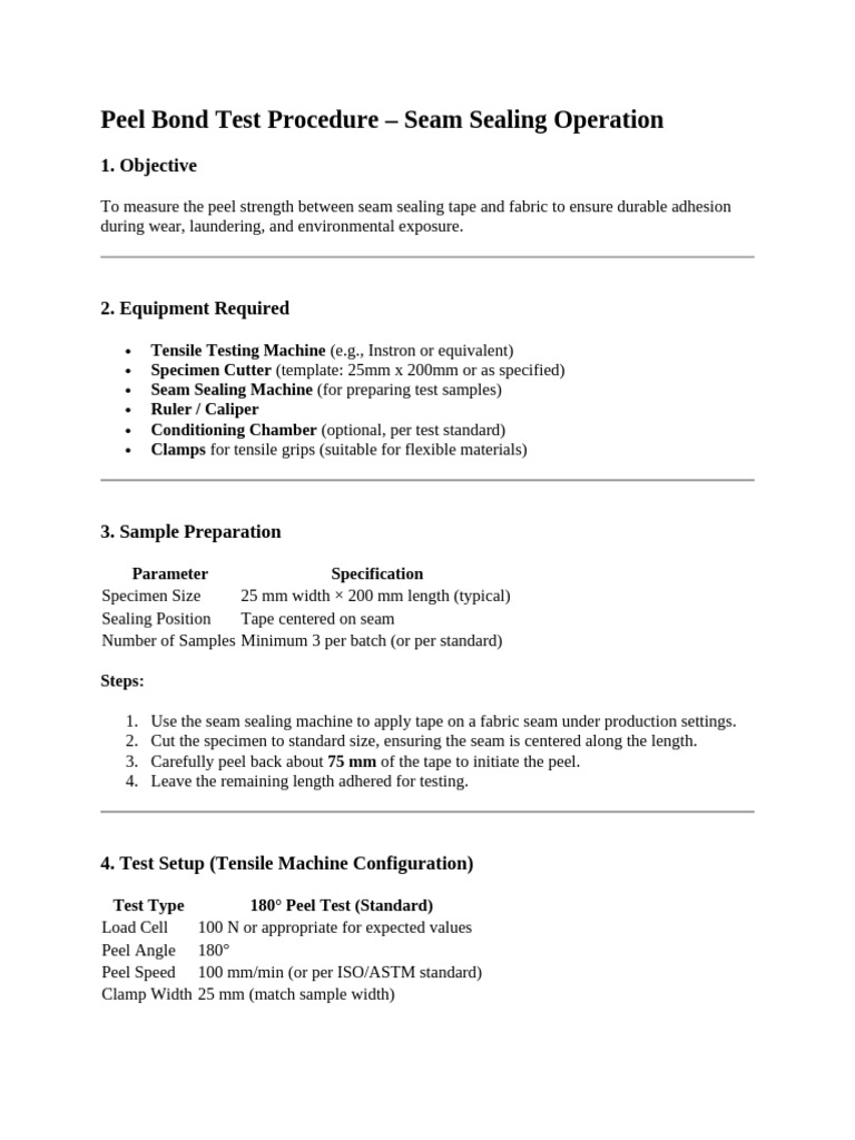 Peel Bond Test Procedure for Seam Sealing | PDF | Physical Sciences ...