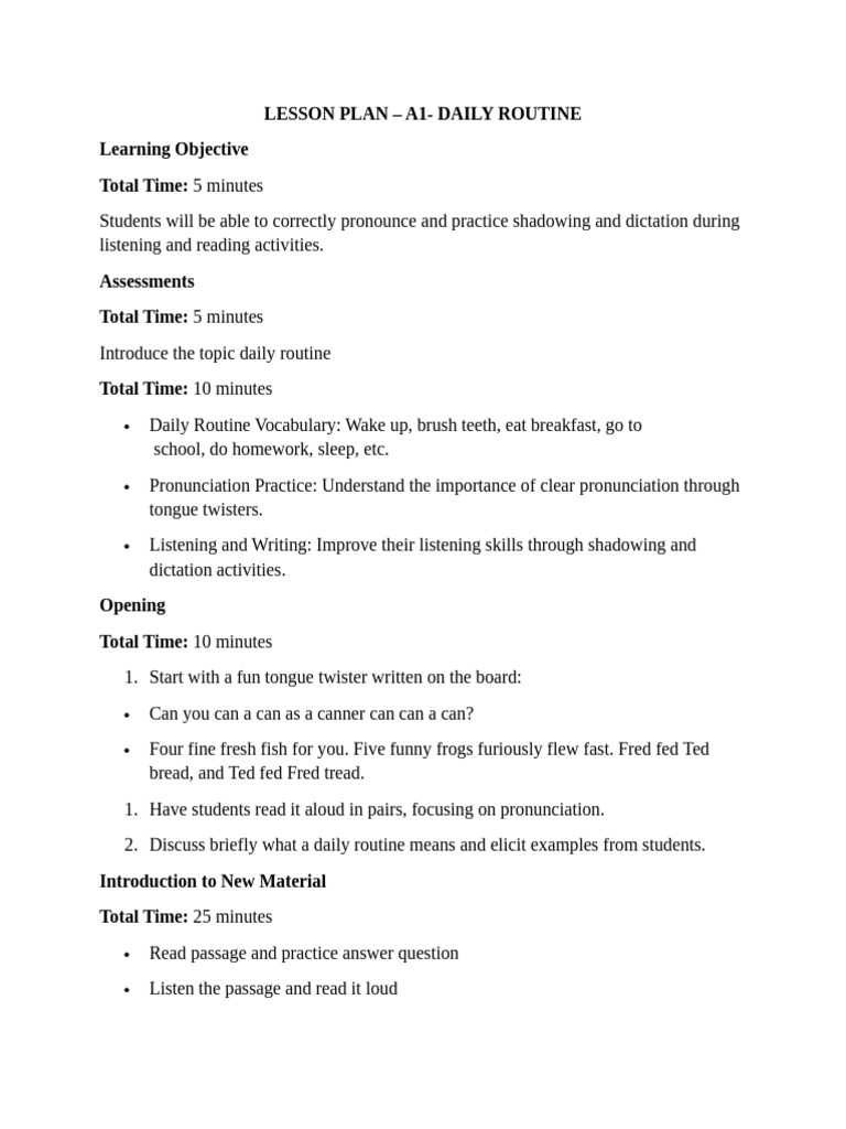 A1 Daily Routine Lesson Plan | PDF | Lunch | Lesson Plan