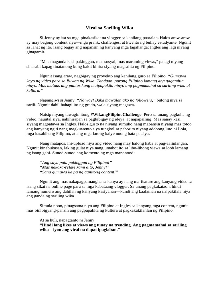 Viral Sa Sariling Wika (Likhawento) | PDF