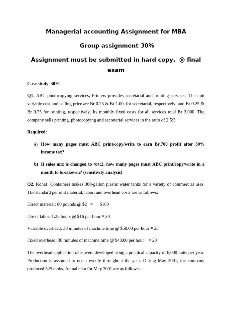 Managerial Accounting Assignment For MBA 30% | PDF | Variance | Economies