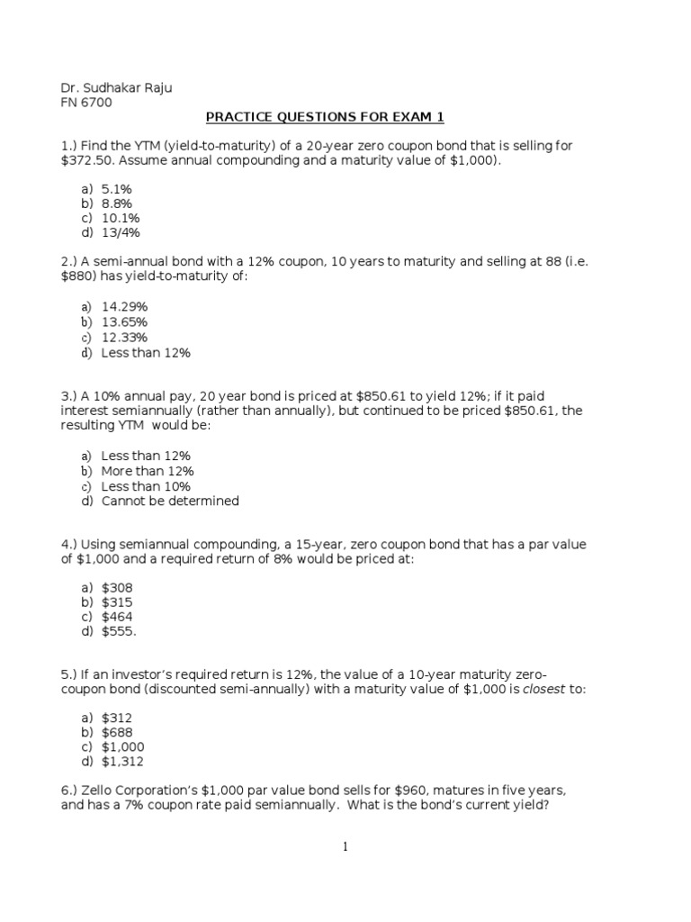 Bond Yield and Pricing Practice Questions | PDF | Bond Duration | Bonds ...