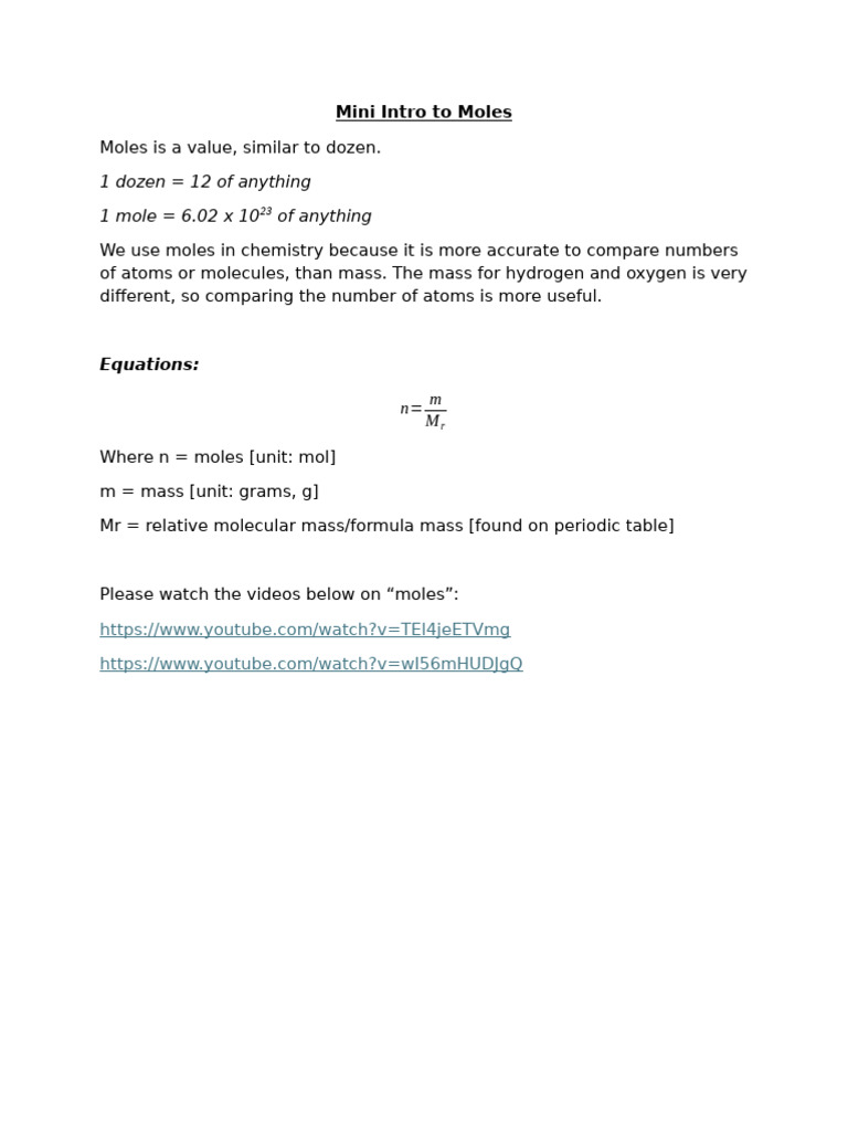 IGCSE Chem - Mini Intro to Moles | PDF