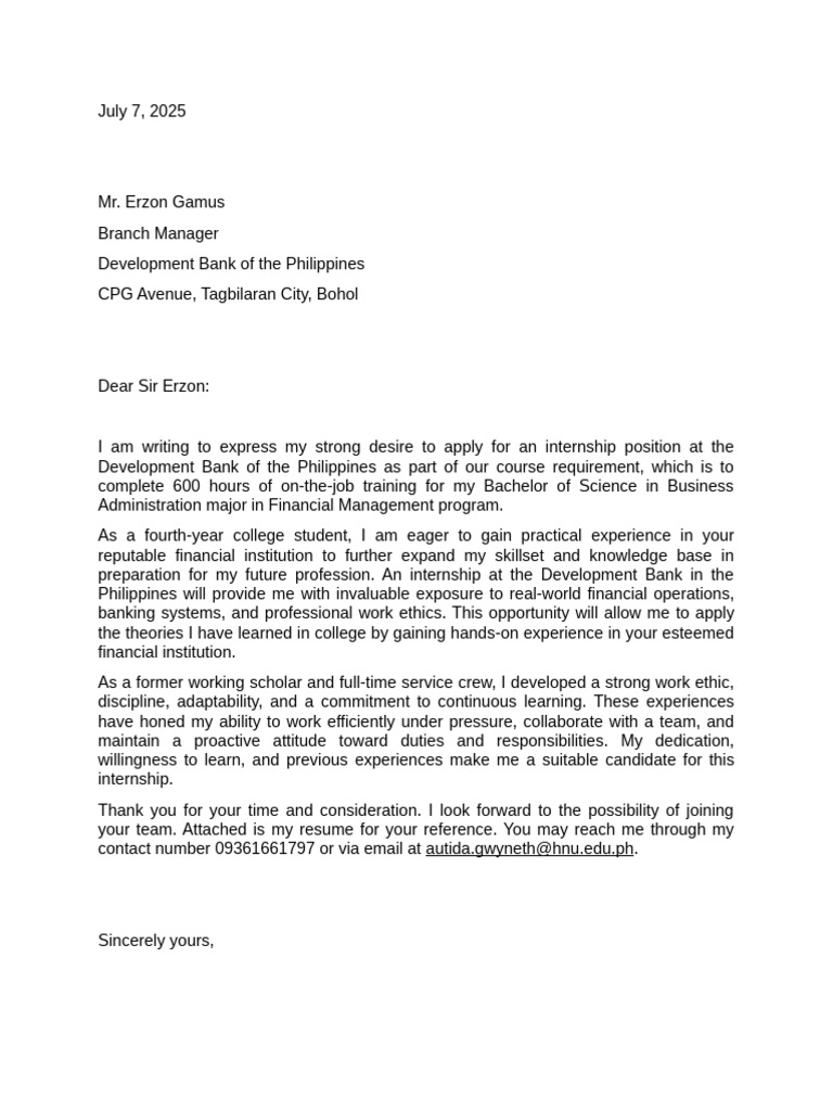 Ojt Application Letter Pdf
