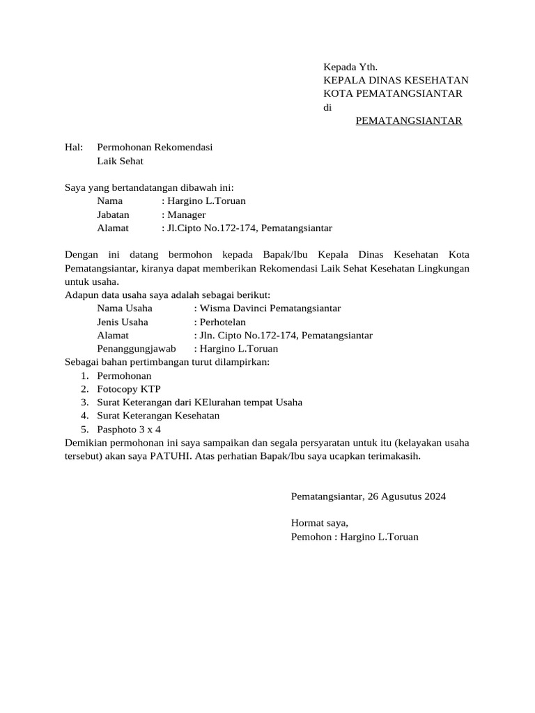 Permohonan Rekomendasi Laik Sehat | PDF