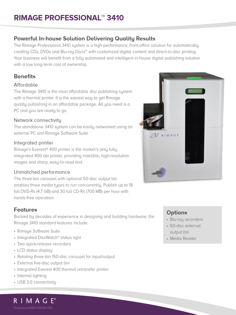 Rimage Professional 3410 Disc Publisher | PDF | Printer (Computing) | Dvd