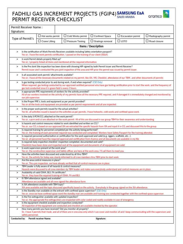 FGIP4 Permit Receiver Checklist | PDF | Workplace | Working Conditions