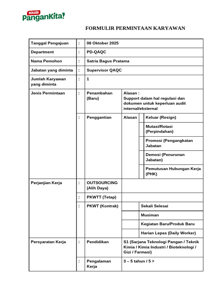 Form Permintaan SPV Qaqc PT Solusi Pangan Kita | PDF