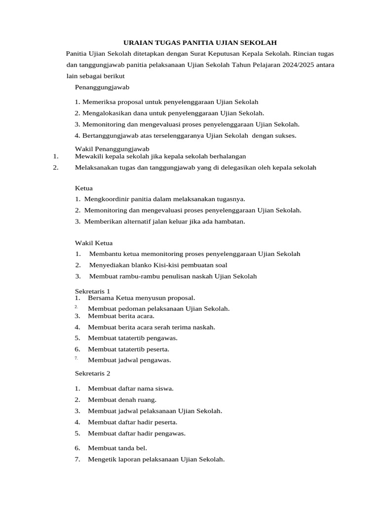 Uraian Tugas Panitia Ujian Sekolah | PDF