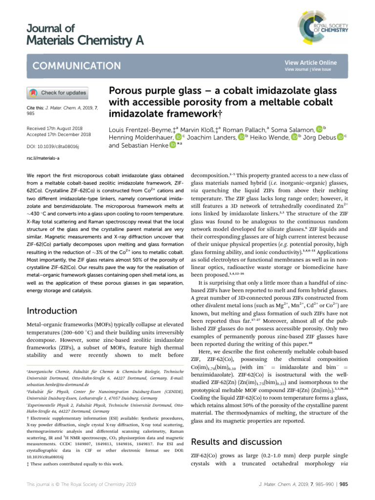 Cobalt Imidazolate Glass with Porosity | PDF | Adsorption | Physical ...