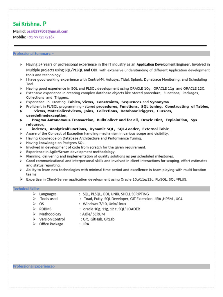 Sai Krishna PLSQL Resume | PDF | Pl/Sql | Computing
