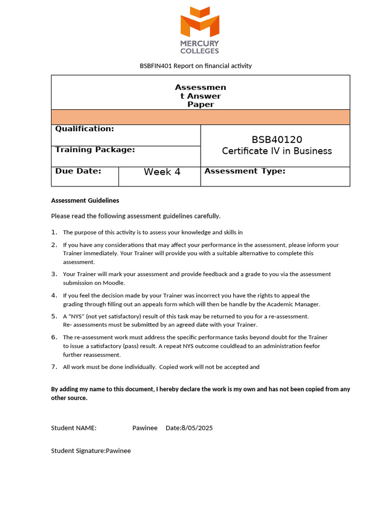 Assessment Task Answer - Paper and Question - Paper Assessment Task1 ...