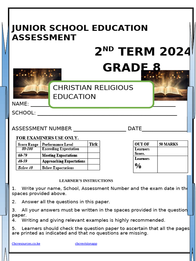 Grade 8 CRE Assessment 2nd Term 2024 | PDF | Bible