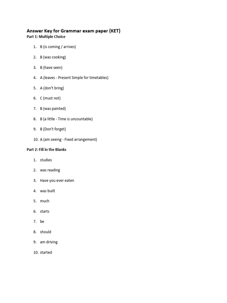 KET Grammar Exam Answer Key | PDF