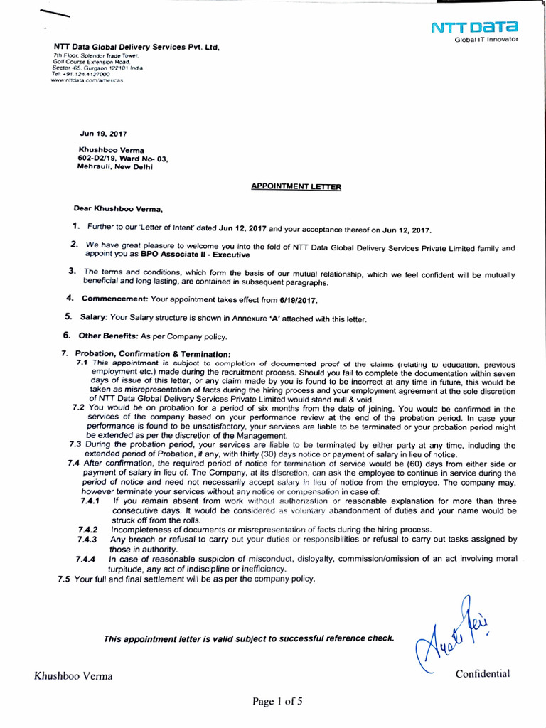 Appointment Letter (NTT DT | PDF