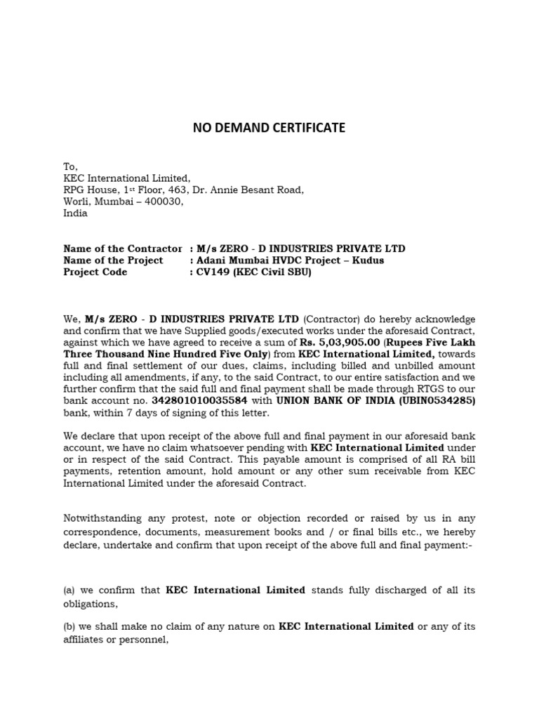 No Demand Certificate | PDF | Private Law | Business Law