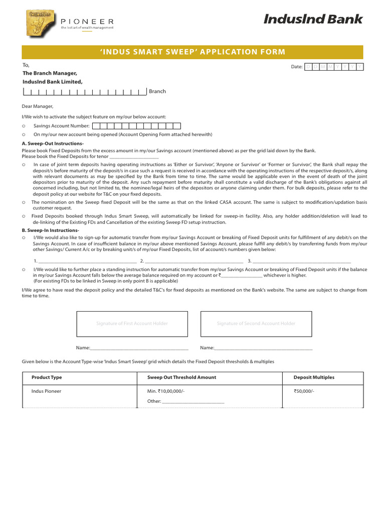Indus Smart Sweep Application Form | PDF | Financial Services | Banking
