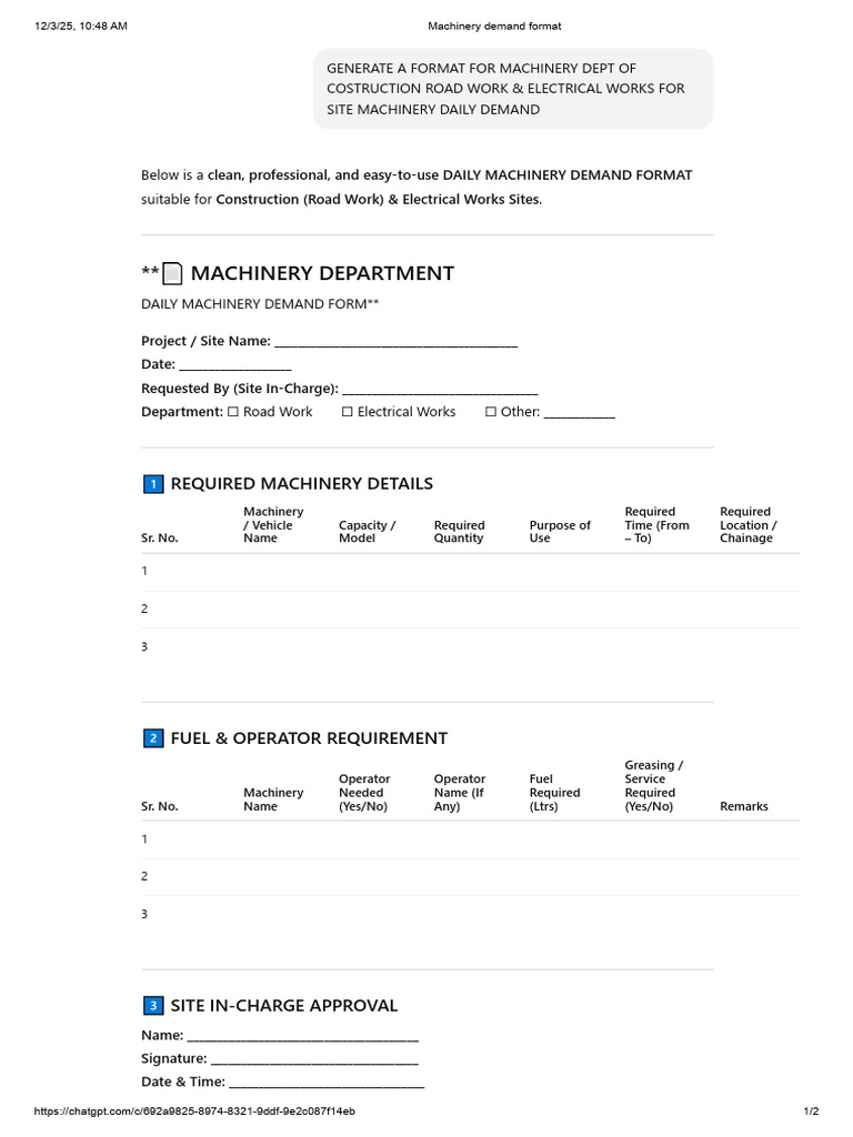 Machinery Demand Format 12-25 | PDF | Motor Vehicle