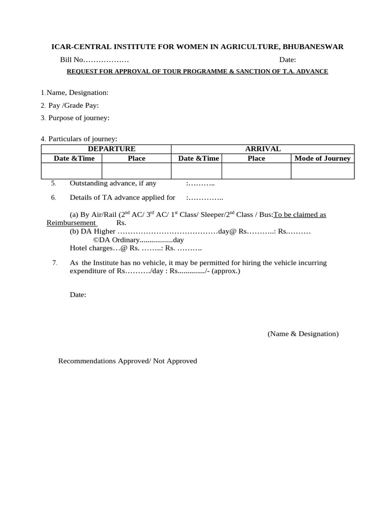 Tour Approval Request Form for ICAR | PDF