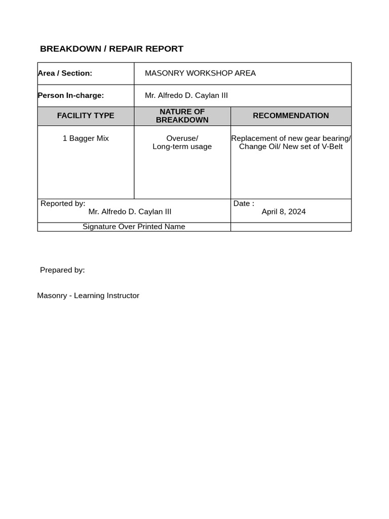 8 Breakdown Repair Report (1) | PDF