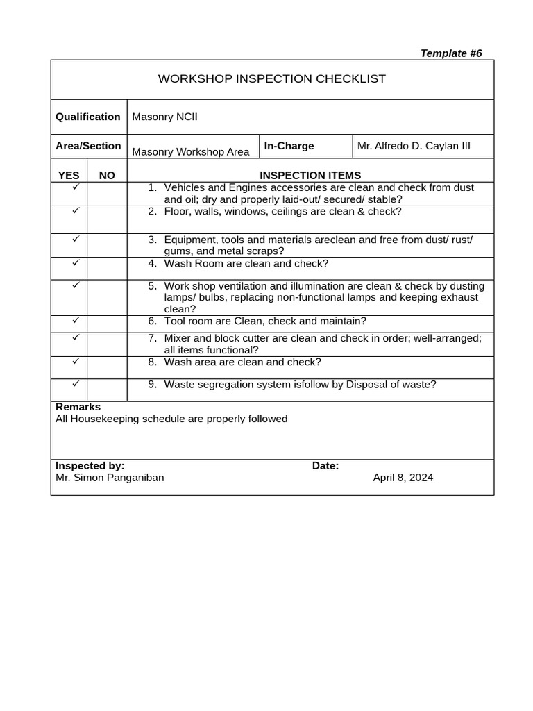9 Workshop Inspection Checklist | PDF