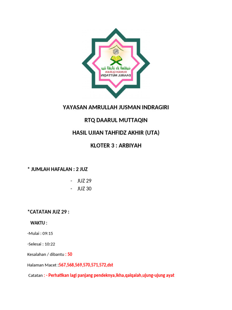 Hasil Ujian Tahfidz Arbiyah | PDF