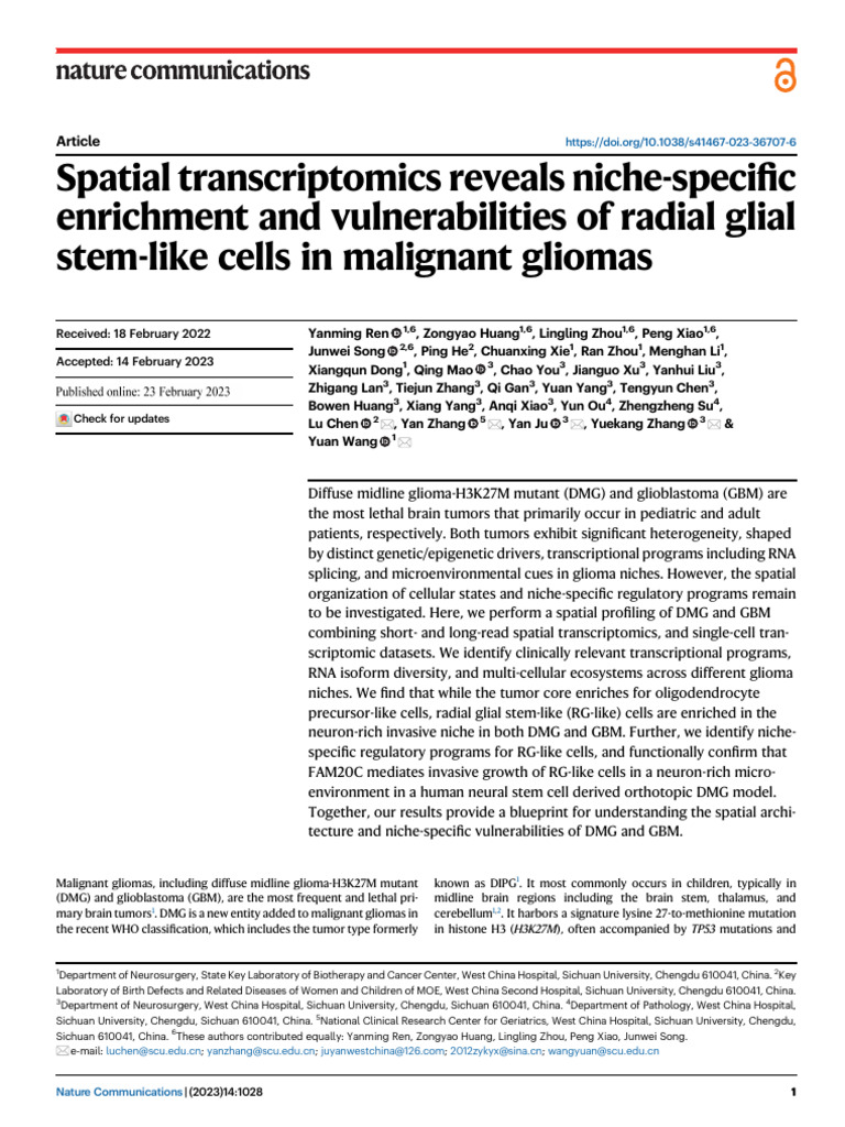 Spatial Transcriptomics in Gliomas | PDF | Glioma | Dna Sequencing